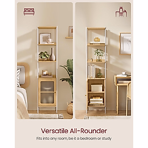 VASAGLE 6-Tier Bookcase, Slim Bookshelf with PC Door, Freestanding Storage Shelf with Metal Frame, Adjustable Shelf, for Living Room, Oak Beige and Pearl White ULLS123W57