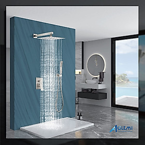 Aolemi Rainfall Shower System 12 Inch Shower Head Brushed Nikcel Combo Set with Handheld Shower Rough-In Valve Included Wall Mount Bathroom Shower Mixer Faucet