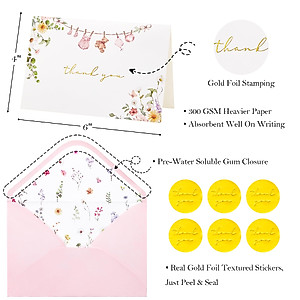 Crisky Baby Shower Pink Gold Thank You Cards (50 Pack) with Envelopes & Stickers Girl Baby Shower Greeting Cards Bulk, Watercolor Delicate Wildflower for Baby Shower Party