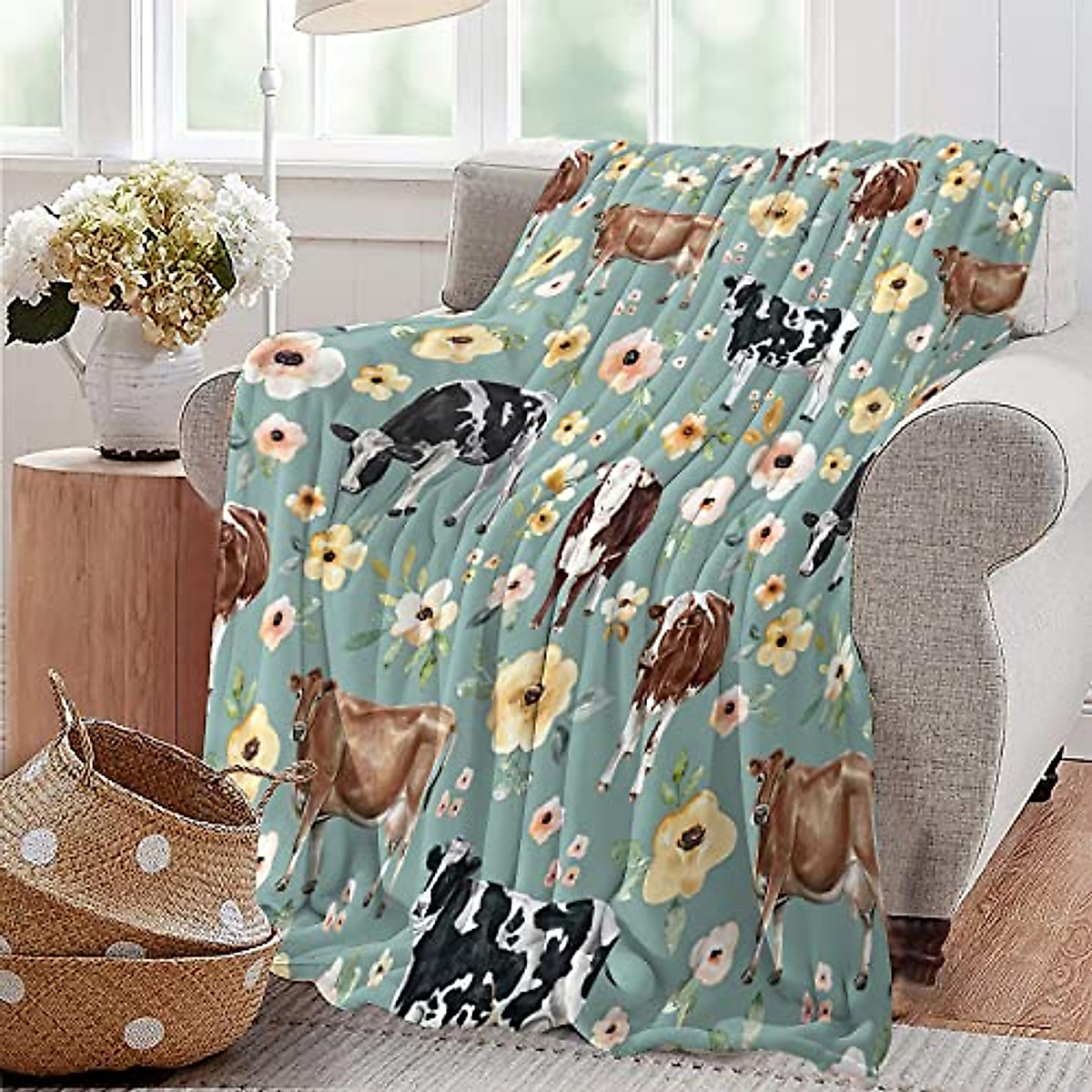 Cow Print Blanket Soft Warm Cute Cow Flowers Throw Blanket Fluffy Plush Lightweight Cozy Cows Fleece Flannel Girls Gift Blankets for Kids Adults Bedding Couch Sofa 50"X40"