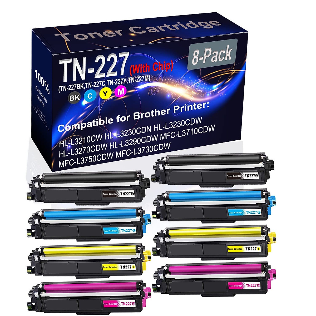 Kolasels (with Chip) 8-Pack (2BK+2C+2Y+2M) Compatible HL-L3210CW Laser Printer Toner Cartridge (High Capacity) Replacement for TN227 TN-227 (TN-227BK TN-227C TN-227Y TN-227M) Printer Toner Cartridge