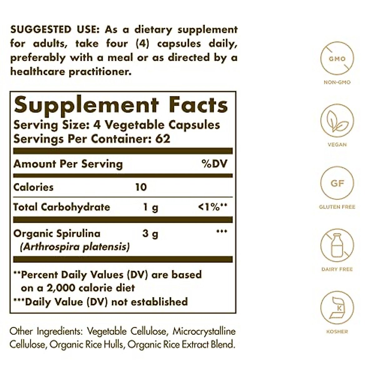 Solgar Spirulina 750 mg, 250 Vegetable Capsules - Plant Plankton - Overall Well-Being - Immune Support - Super-Green - Non-GMO, Vegan, Gluten Free, Dairy Free, Kosher - 62 Servings