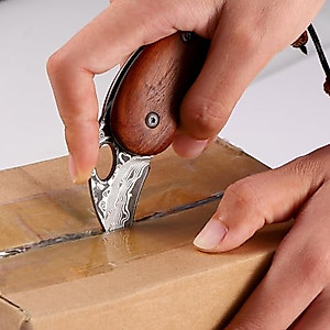 EZKIT Damascus Pocket Knife, Small Folding Wood Handle EDC Knife, Blade Length: 2in