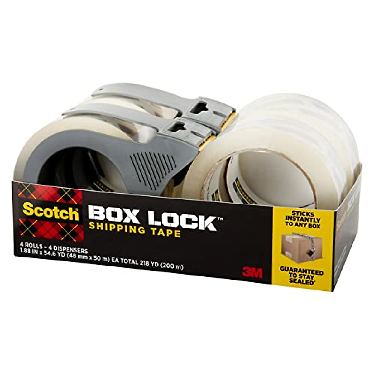 Scotch Box Lock Packaging Tape, 4 Rolls with 4 Refillable Dispensers, 1.88 in x 54.6 yd, Extreme Grip Packing, Shipping and Mailing Tape, Sticks Instantly to Any Box (3950-4RD)