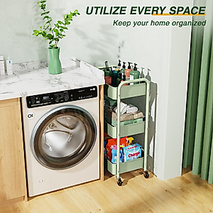 LEHOM 3 Tier Rolling Storage Cart, Metal Trolley Utility Cart with Wheels & Hooks, Easy Assembly Organizer Storage Cart for Bathroom Kitchen Office Bedroom (Green)