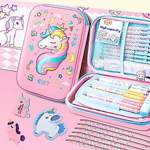 homicozy Pencil Case for Girls,Cute Unicorn Stationary Set for Kids,3D EVA School Large Capacity Pencil Pen Box with Compartment,School Supplies for Girls,Back to School Gifts for Kids,Pink