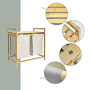 Baoz Bamboo Laundry Hamper with Shelf Freestanding Laundry Hamper 2 Section Dual Compartments Laundry Organizer with Removable Bags Space-Saving Laundry Organizer for Bathroom, Living Room, Bedroom