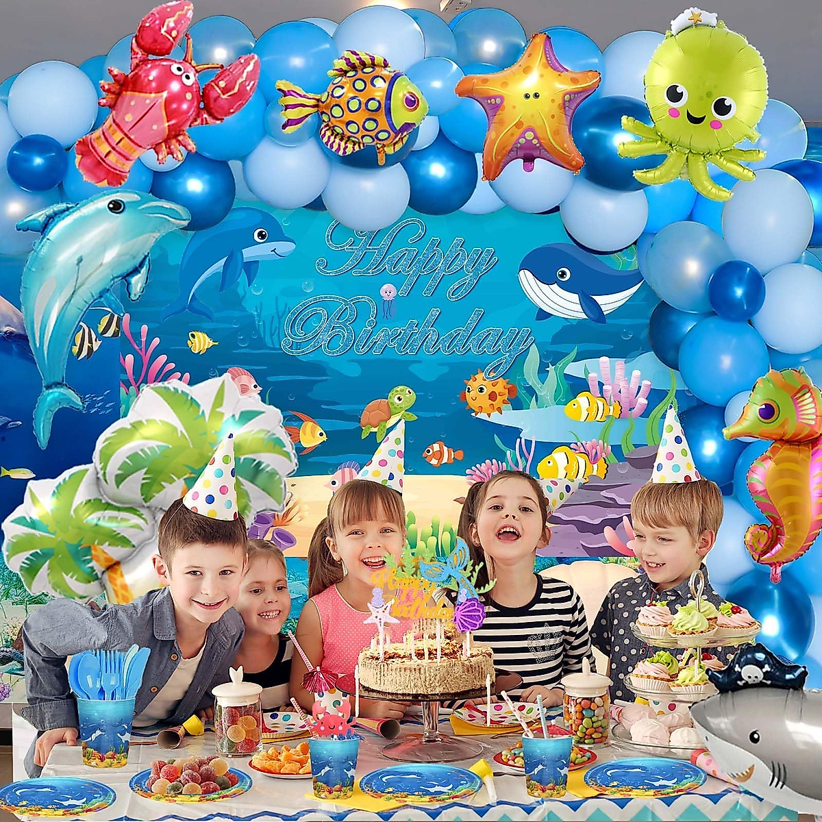 Hombae Under The Sea Party Decorations, Ocean Themed Birthday Tableware Supplies Backdrop Balloon Garland Banner Tablecloth Cake Topper Plate Napkin Cup Straw Knife Spoon Fork Shark Octopus 228 PCs