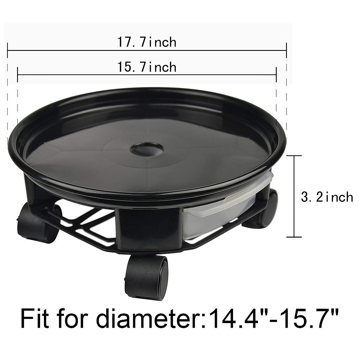 Amkoskr 1 Pack 17.7" Black Plant Caddy with Easy Moving Caster Wheels and a Water Container Round Movable Planter Dolly Trolley Tray Pallet Outdoor Indoor Tree Flower Stand Planter