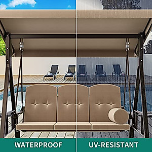 YITAHOME 3-Seat Deluxe Porch Swing Outdoor Heavy Duty Patio Swing Chair with Adjustable Canopy Removable Cushions Weather Resistant Steel Frame Suitable for Garden, Lawn, Backyard, Balcony, Brown