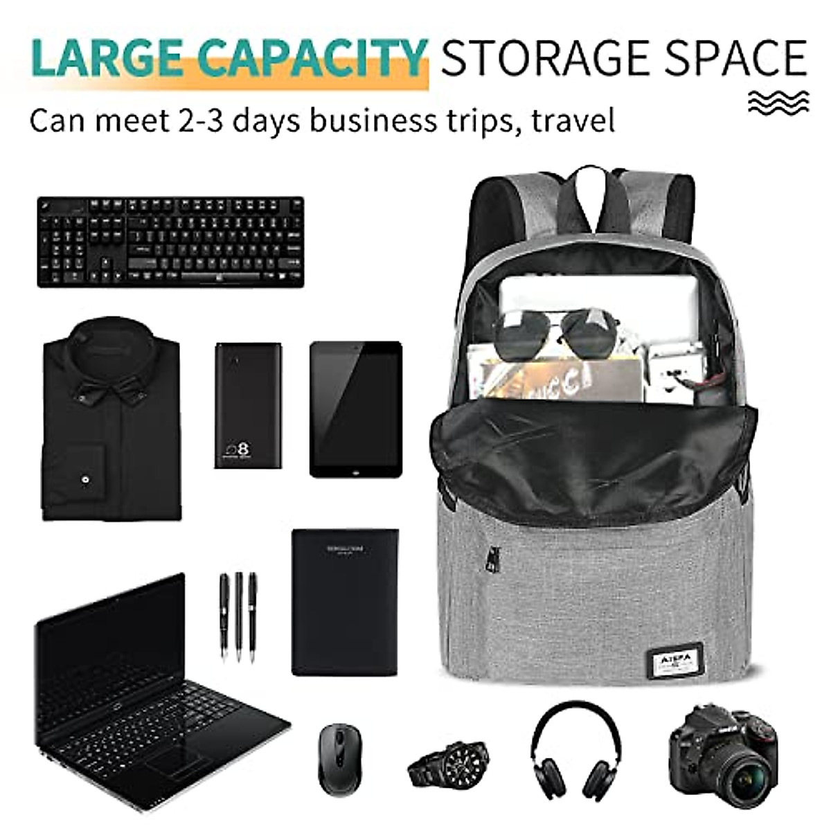 AOPUN Laptop Backpack Travel Business Waterproof Backpack with USB Charging Port, Suitable for Travel, Camping, Business (Grey)