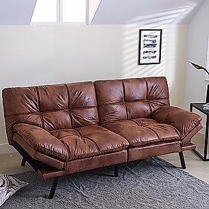 IULULU Futon Sofa Bed Faux Leather Couch with Memory Foam, Modern Convertible Sleeper Daybed with Adjustable Armrests for Studio, Apartment, Office, Dorm, Easy Assembly, Chestnut
