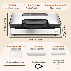 VEVOR Vacuum Sealer Machine, Food Sealer Machine，Dry and Moist Food Storage, Automatic and Manual Air Sealing System with Built-in Cutter, with Seal Bag， External Hose 90Kpa 130W Powerful Dual Pump