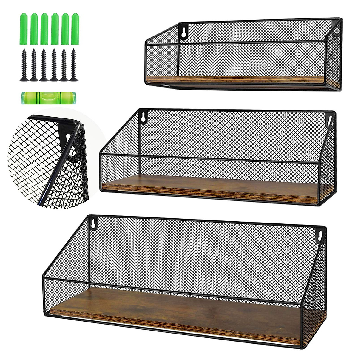 Schliersee Floating Shelves Wall Mounted Mesh Storage Shelf Set for Bathroom, Bedroom, Kitchen, Living Room, Office, Set of 3 Pack