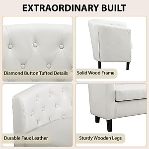 Emma Love Seat, Button Tufted Faux Leather Barrel Loveseat, Midcentury Modern 2 Seater Sofa Couch, Small Loveseat for Small Spaces, Bedrooms, Couches for Living Room, Easy Tool-Free Assembly - White