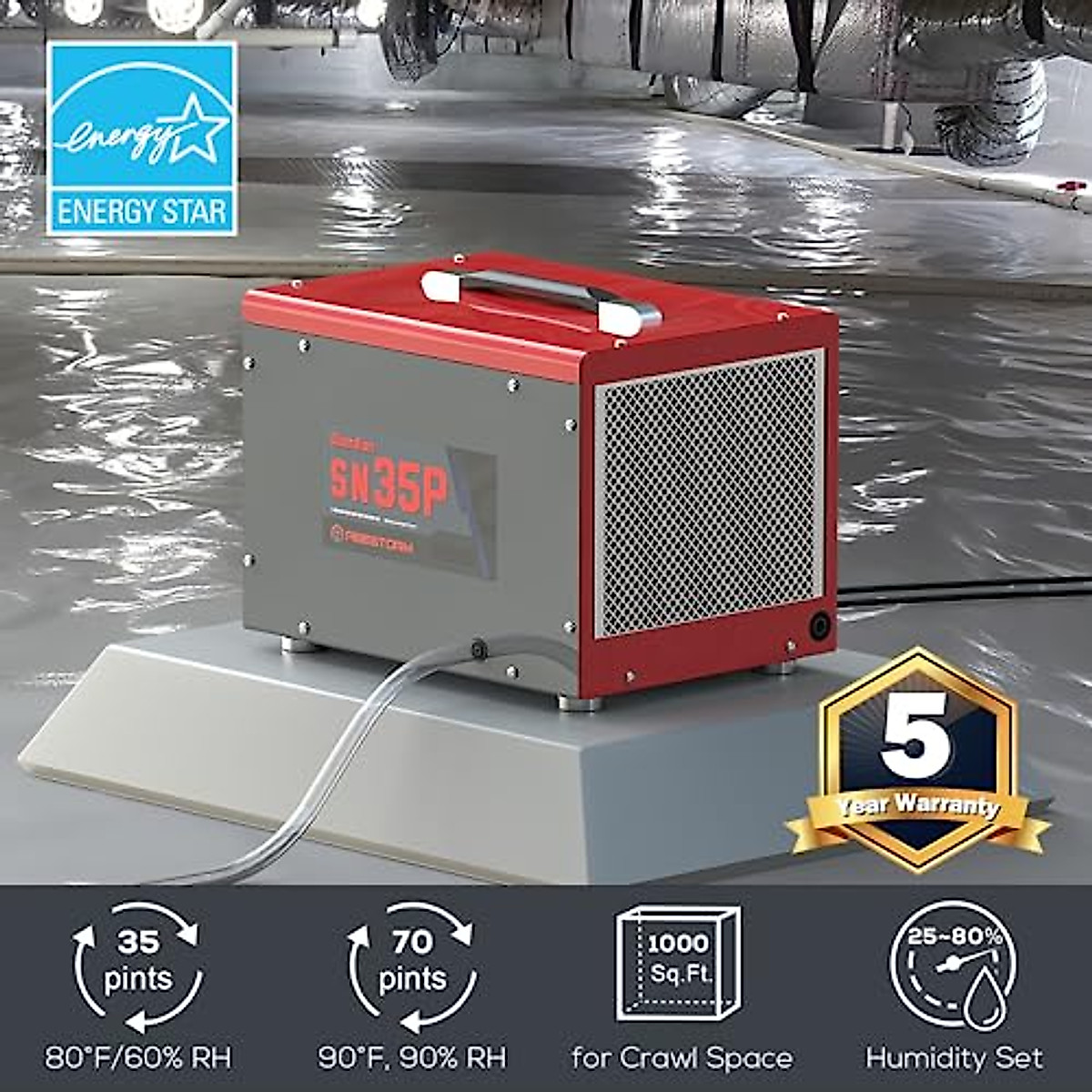 Abestorm Energy Star Commercial Dehumidifiers with Pump and Hose, 70 PPD Crawl Space dehumidifiers, up to 1,000 sq. ft. Compact, Portable, Auto Defrost, Memory Starting, 5 Years Warranty