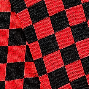 Men's Novelty Checker Crew Socks Sizes 6-12 - Stylish Quality Fit for Skateboard, Nights Out, Work, Fun Every Day Comfort (Black,Red)