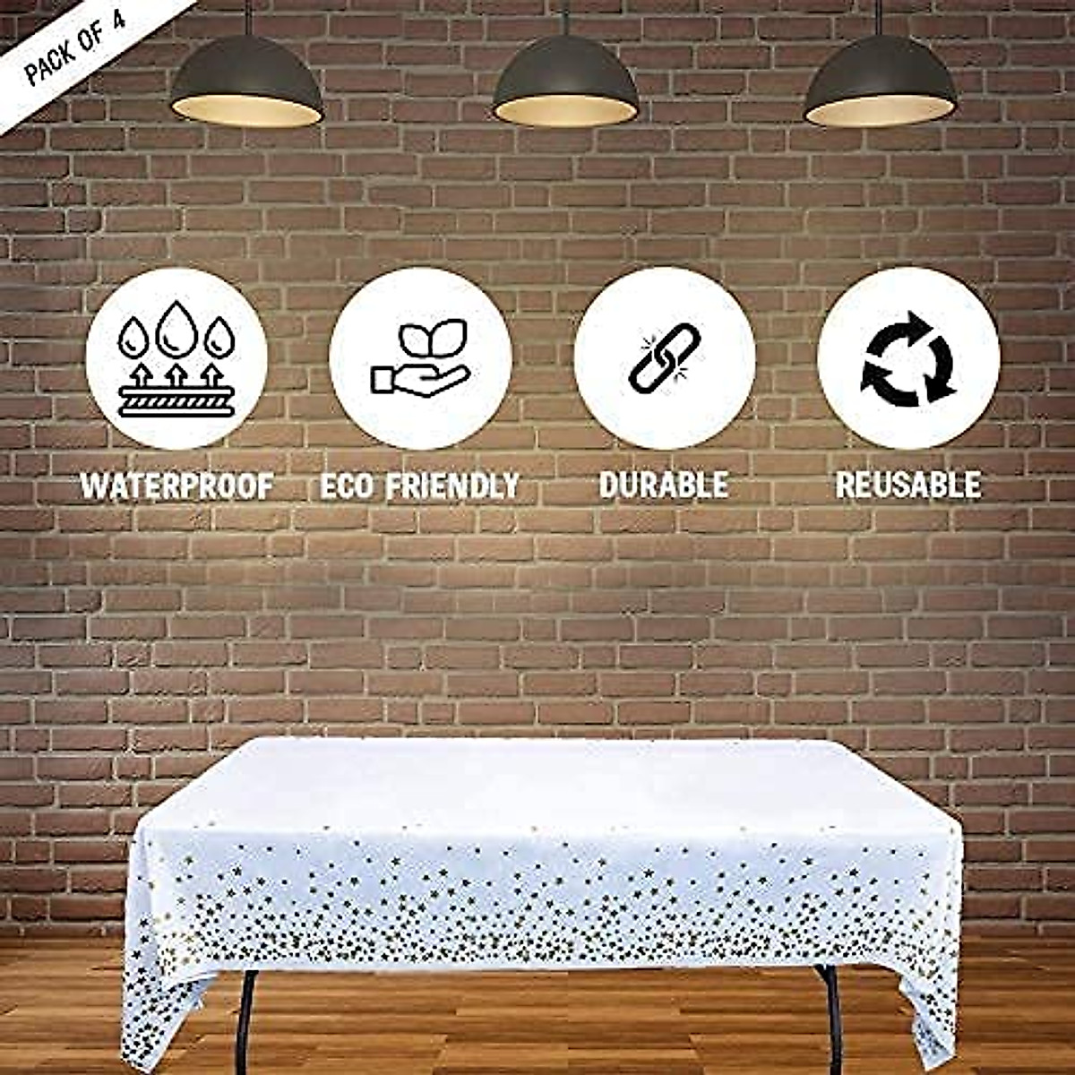 Plastic Gold Star Tablecloth I 4 Pack - Party Table Cloths Disposable Tablecloths for Parties, Birthdays, Weddings I Twinkle Little Stars Tables Cover I Rectangle 54" x 108" Size Covers 6 ft to 8 ft