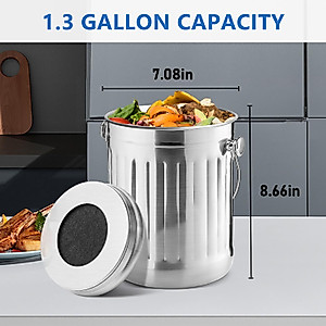 ENLOY Compost Bin, Stainless Steel Indoor Compost Bucket for Kitchen Countertop Odorless Compost Pail for Kitchen Food Waste with Carrying Handle 1.3 Gallon Easy to Clean