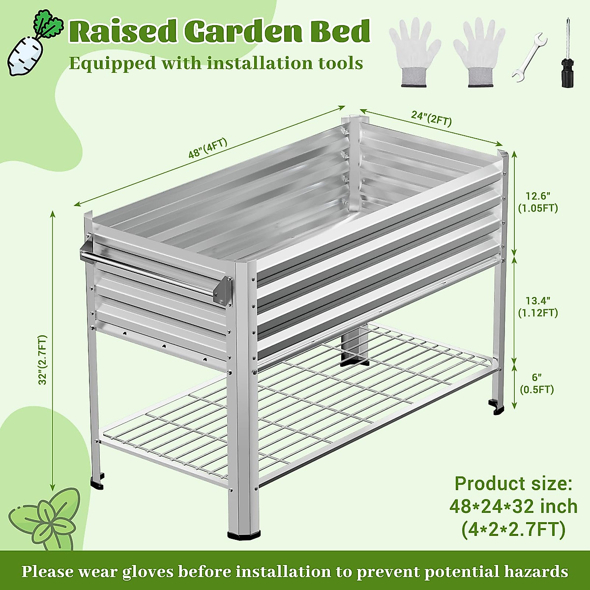Pikorce Raised Garden Bed with Legs, 48x24x32in Outdoor Elevated Galvanized Metal Large Planter Box Stand with Drainage Holes for Backyard, Patio, Balcony, 400lb Capacity, Silver