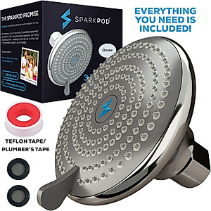 SparkPod High Pressure 3-Function Rain Shower Head - Luxury Modern Look - 3.75" Wide Angle Rainfall Showerhead - No Hassle Tool-less 1-Min Installation (Luxury Polished Chrome)