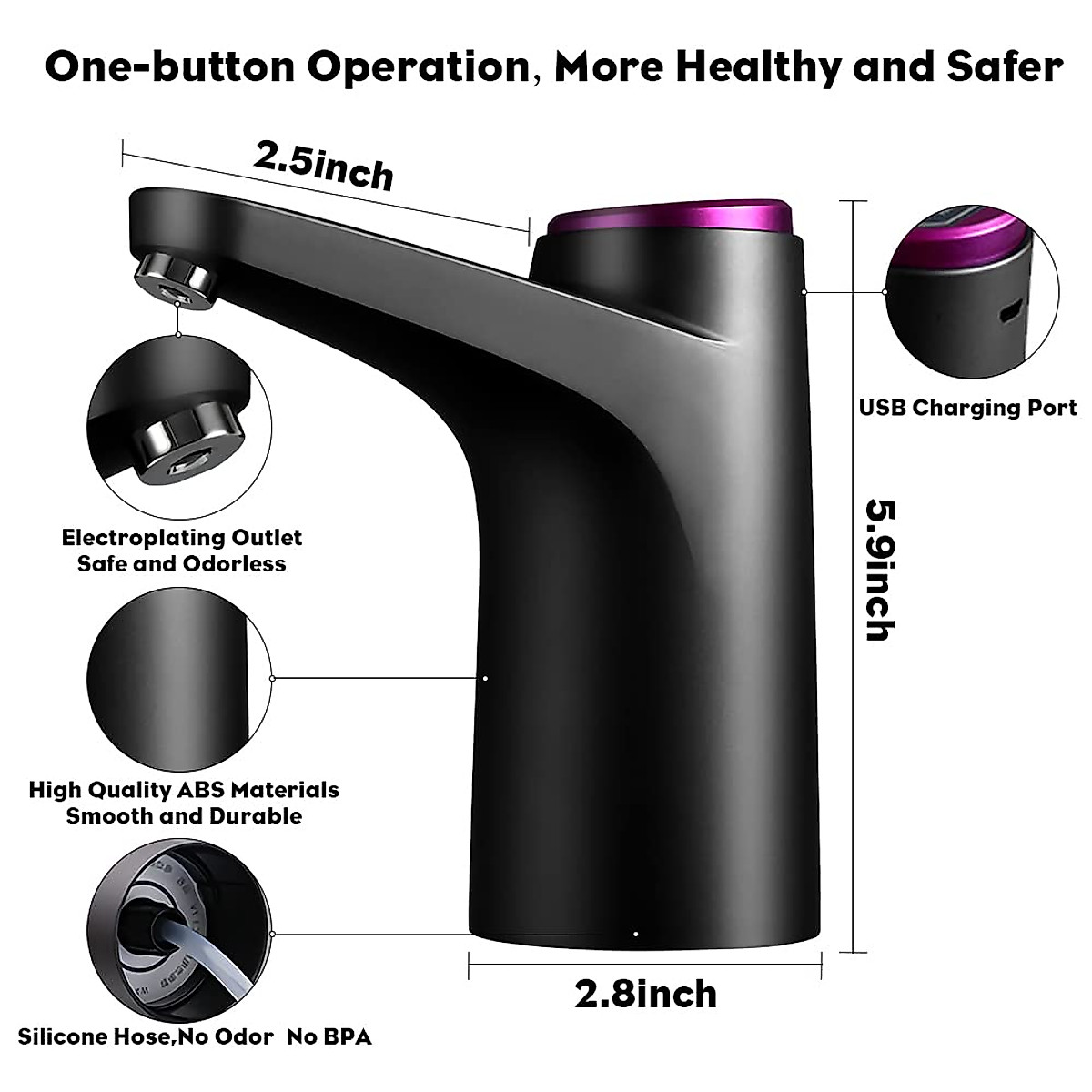 Enutogo Water Bottle Pump 5 Gallon Water Dispenser, Water Pump for 5 Gallon Jug USB Charging, Automatic Drinking Water Dispenser Pump, Portable Electric Water Dispenser for 2-5 Gallon Bottle, Black