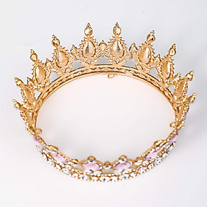 FORSEVEN Queen Crown Rhinestone Wedding Crowns and Tiaras for Women Costume Party Hair Accessories Princess Birthday Crown Crystal Bridal Crown (Gold+Pink)