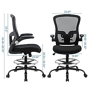 Mesh Ergonomic Drafting Chair,Tall Adjustable Office Chair,Standing Desk Chair,Counter Height Office Chairs,Drawing Chair with Adjustable Foot Ring and PU Arms (Black)