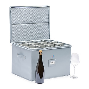 XX-Large Tall Stemware Wine Glass Storage Container (20x15.5x13.2 In). Fully Padded 12-Large Compartments With Hard Top, Bottom and Sides. For Wine Bottles, Glasses, Flutes Up To 13.2 Inches Tall