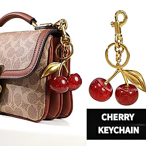 Lmuwecno Luxurious 18K Gold Plated Cherry Bag Charm, Cherry Keychain Accessory Purse Charm(Red)