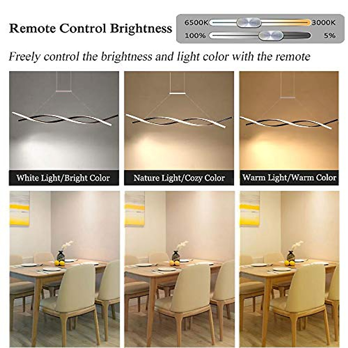 Ziplighting Modern LED Pendant Lighting for Dining Room & Kitchen Island Stepless Dimmable Pendant Light with Remote Dimming Chandelier Contemporary Adjustable Ceiling Fixture Wave Ceiling Light f