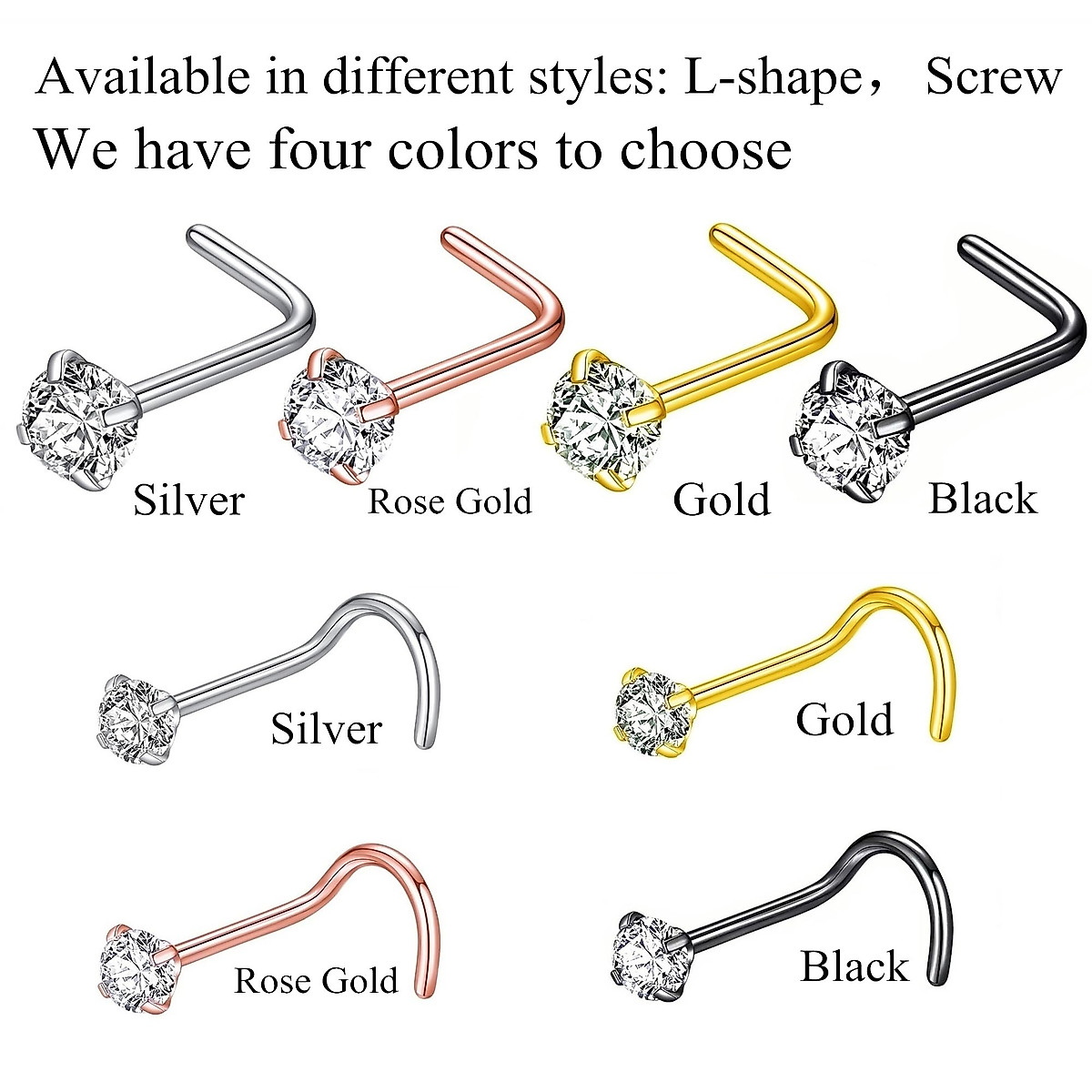 BLESSMYLOVE 6pcs 20g 3.0mm Clear CZ 316L Surgical Steel Silver Nose Studs Nostrial Piercing Body Jewerly L Shaped Studs for Women, Cubic Zirconia Stainless Steel Nose Rings