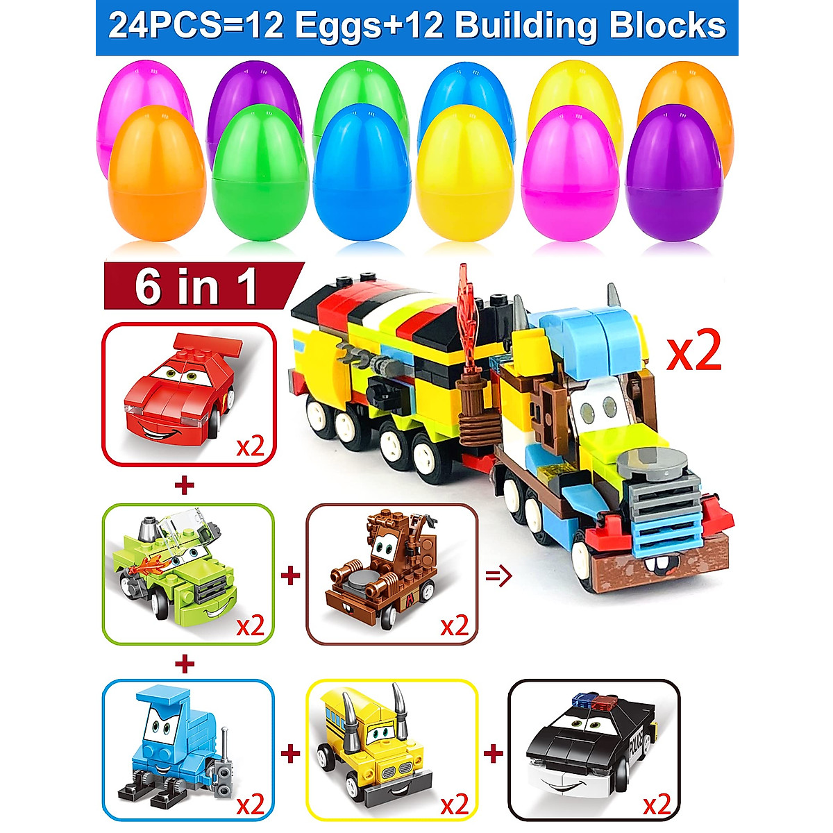 12 Pack 3" Large Filled Easter Eggs with Stem Toy Cars Kids Easter Basket Stuffers Plastic Surprise Egg Building Blocks 6 in 1 Transform Construction Vehicle Easter Toy Boys Girl Egg Hunt