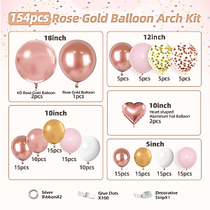 154pcs Rose Gold Balloon Arch Garland Kit, Metallic Rose Gold and Pink Gold White Balloons for Birthday Baby Shower Bachelorette Wedding Bridal Shower Decorations