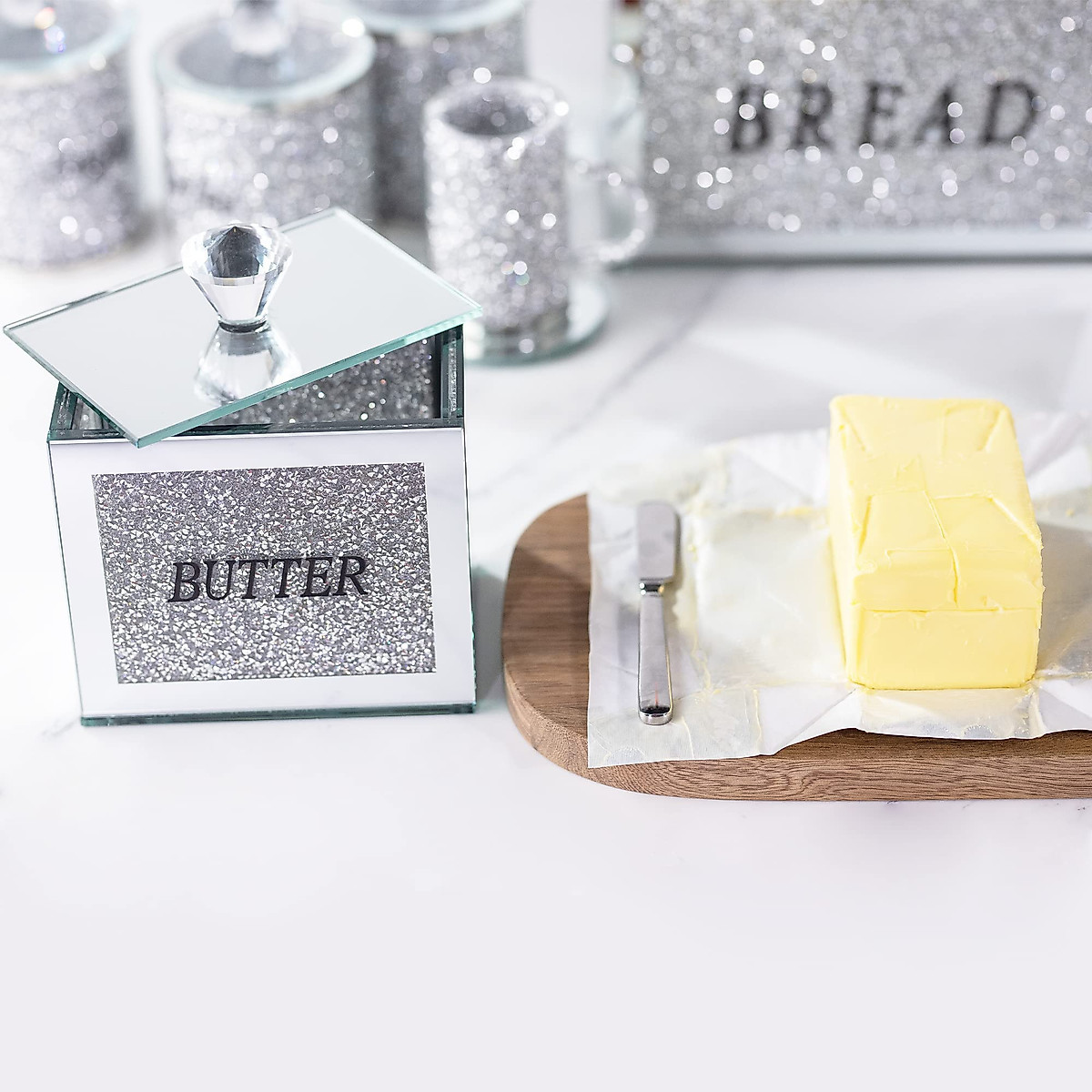 5.9"x3.9"x5.1" Butter Container Box with Lid, Glass Cheese Tank Storage Box Filled with Sparkly Crystal Crushed Diamonds, Keep Butter Cheese Fresh & Sparkle, Ideal for Kitchen, Dining Room
