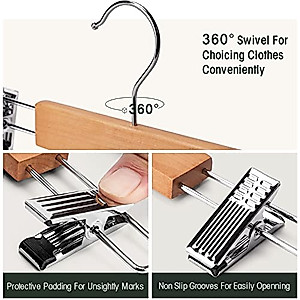 Ulimart Pants Hangers 20Pcs Skirt Hangers for Everyday Use,Wooden Pant Hangers for Adult for Kids,Pants Hangers with Clips Non-Slip,Anti-Rust Hook（Natural