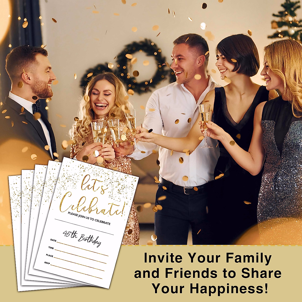 YSTEP 45th Birthday Party Invitations, 20 Invite Cards with Envelopes, 4" x 6" White and Gold Confetti Birthday Invites - C24