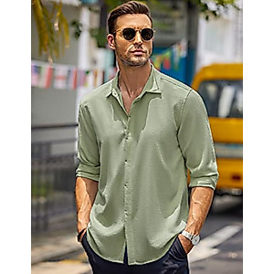 COOFANDY Men's Beach Linen Shirts Long Sleeve Casual Buttton Down Shirts Beach Dress Shirt Light Green