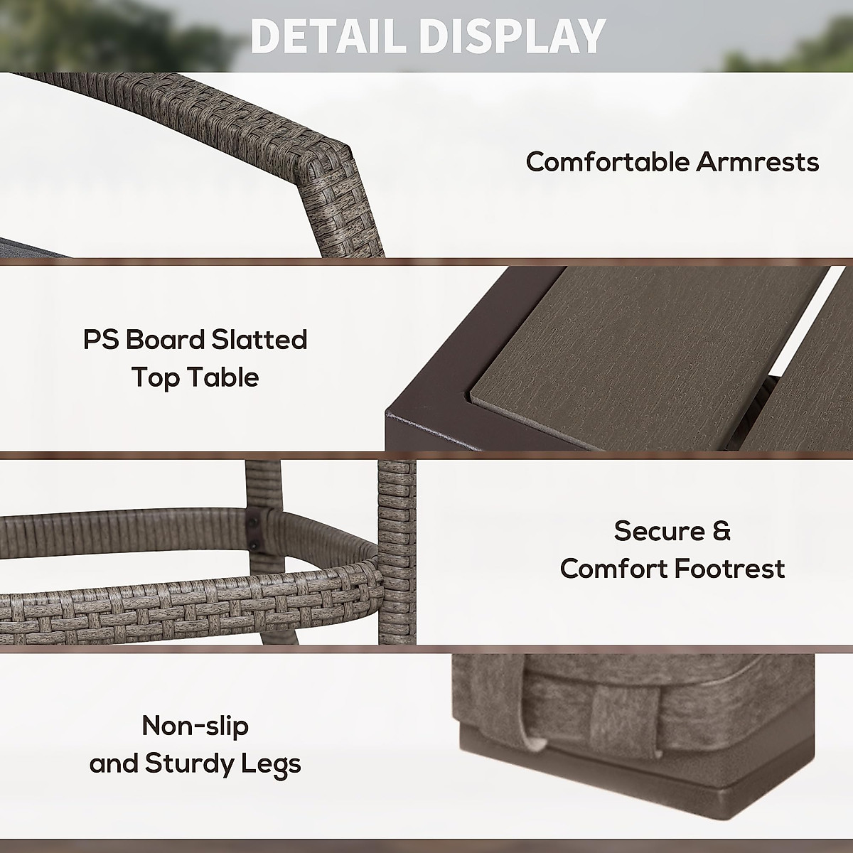 Outsunny 3 PCS Rattan Wicker Bar Set with Wood Grain Top Table and 2 Bar Stools for Outdoor, Patio, Poolside, Garden, Grey