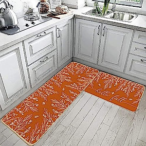 GEEORY Fall Kitchen Mats, Set of 2 Leaves Hello Fall Floor Mat Farmhouse Seasonal Holiday Party Decorative Home 17x29 and 17x47 Inch (Orange) GK066