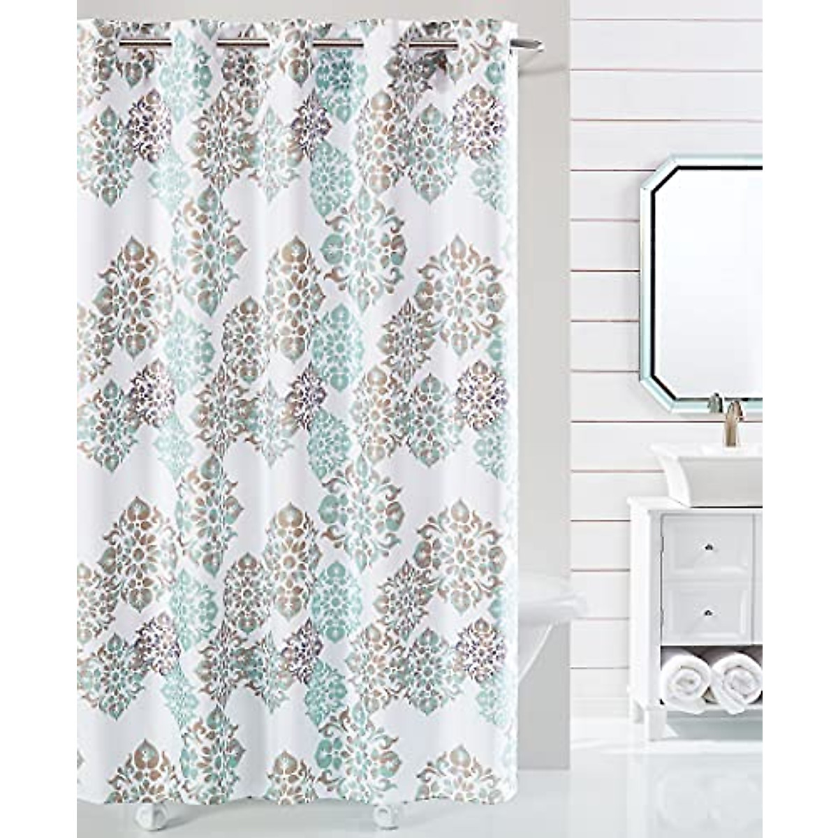 Hookless Alessandra Shower Curtain with Peva Liner, 71 in x 74 in, White, Blue and Brown