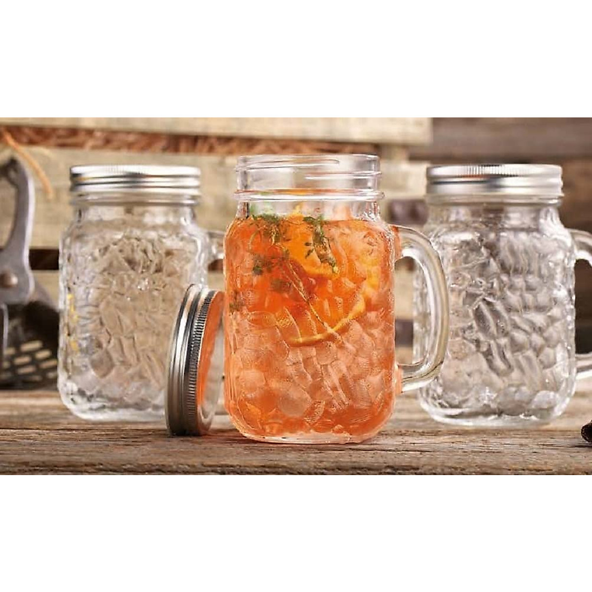 Glaver's Mason Jar Cups 16Oz – Set of 4 Mason Jars with Lids and Handles – Hammered Style Large Mason Cups for Parties, Dinner, Home, Lemonade, Smoothies, Cocktails, Drinks - Dishwasher Safe.