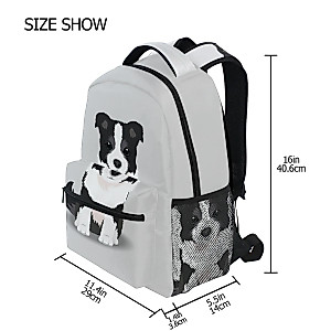 Pfrewn 17 Inch Kids Dog Grey Backpacks for Girls Boys Border Collie Puppy Travel School Backpack for Students School Teens