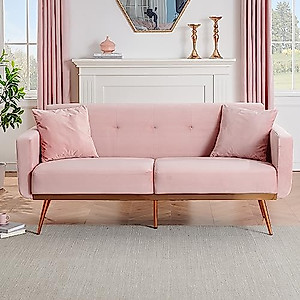 Velvet Futon Sofas Bed and Couch,70 Inches Long, Mid Century Modern Couch Tufted Back Sofa , 2 Throw Pillows, Armrest, 5 Metal Tapered and Wooden Legs for Living Room, Apartment, Bedroom (Pink)