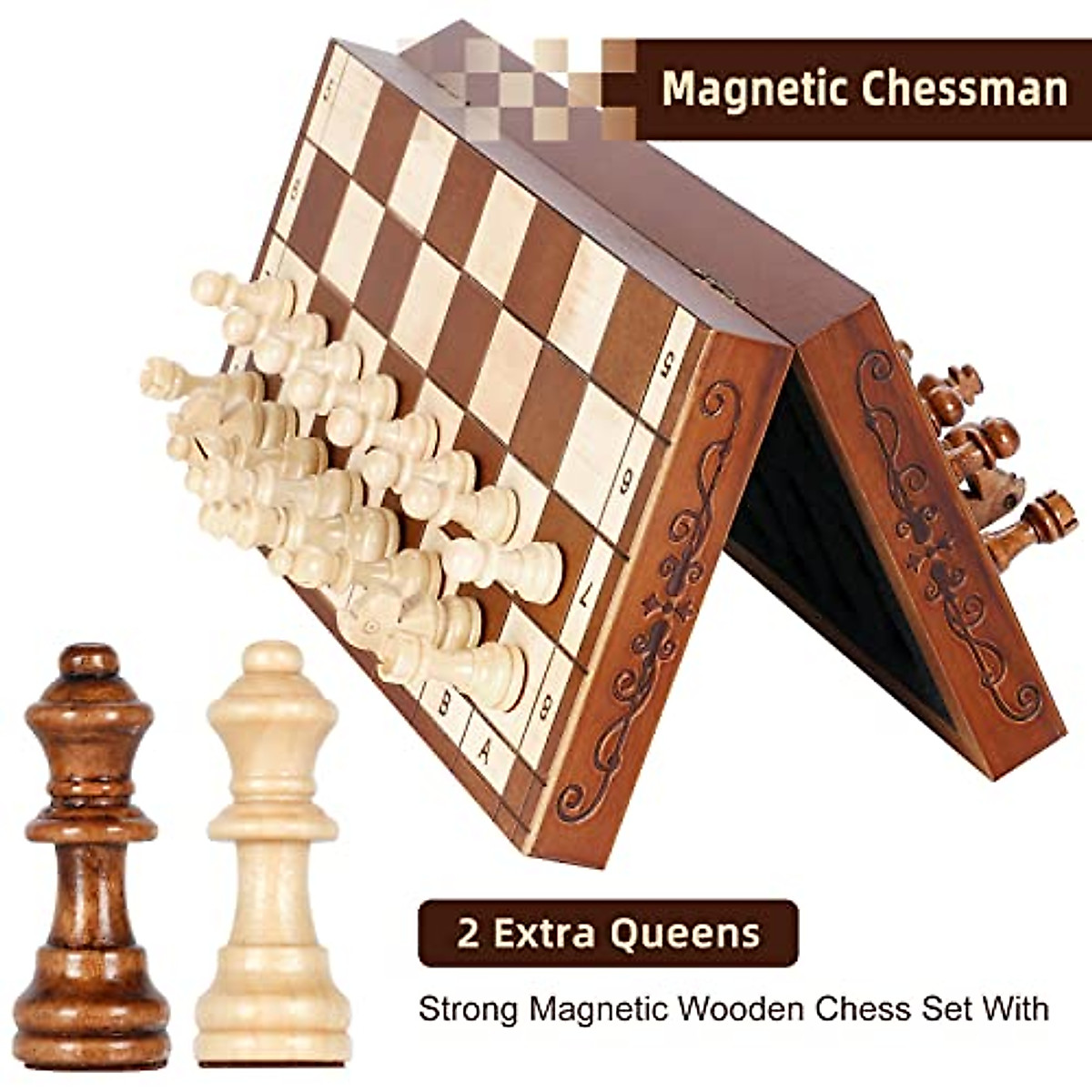 Syrace Magnetic Chess & Checkers Set Board Games, Kids and Adults Wooden Foldable Hand Carved Portable Travel Chess Board Game Sets with Game Pieces & Storage Slots 15.74"