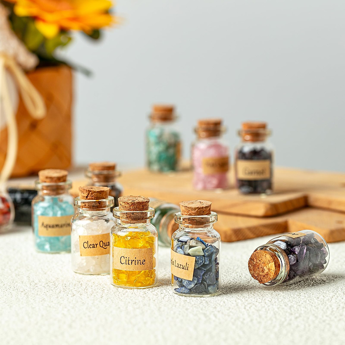 KHOCOEE 12 Different Gemstone Bottles Chip Crystals and Healing Stone, Chakra Healing Crystals Bottles, Wicca Gem Stones Set, Witchcraft Crystals