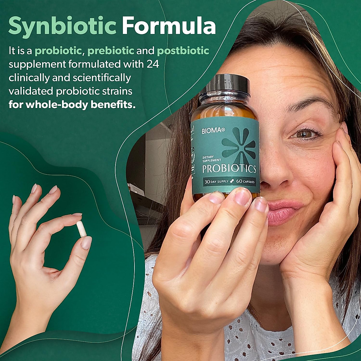 BIOMA Probiotics for Weight Management & Digestive Health, 3 in 1 Gut Health Probiotics and Prebiotics/Postbiotics, Slow Release Synbiotic Probiotic Capsules for Gut Health Multi Enzyme (60 Caps)