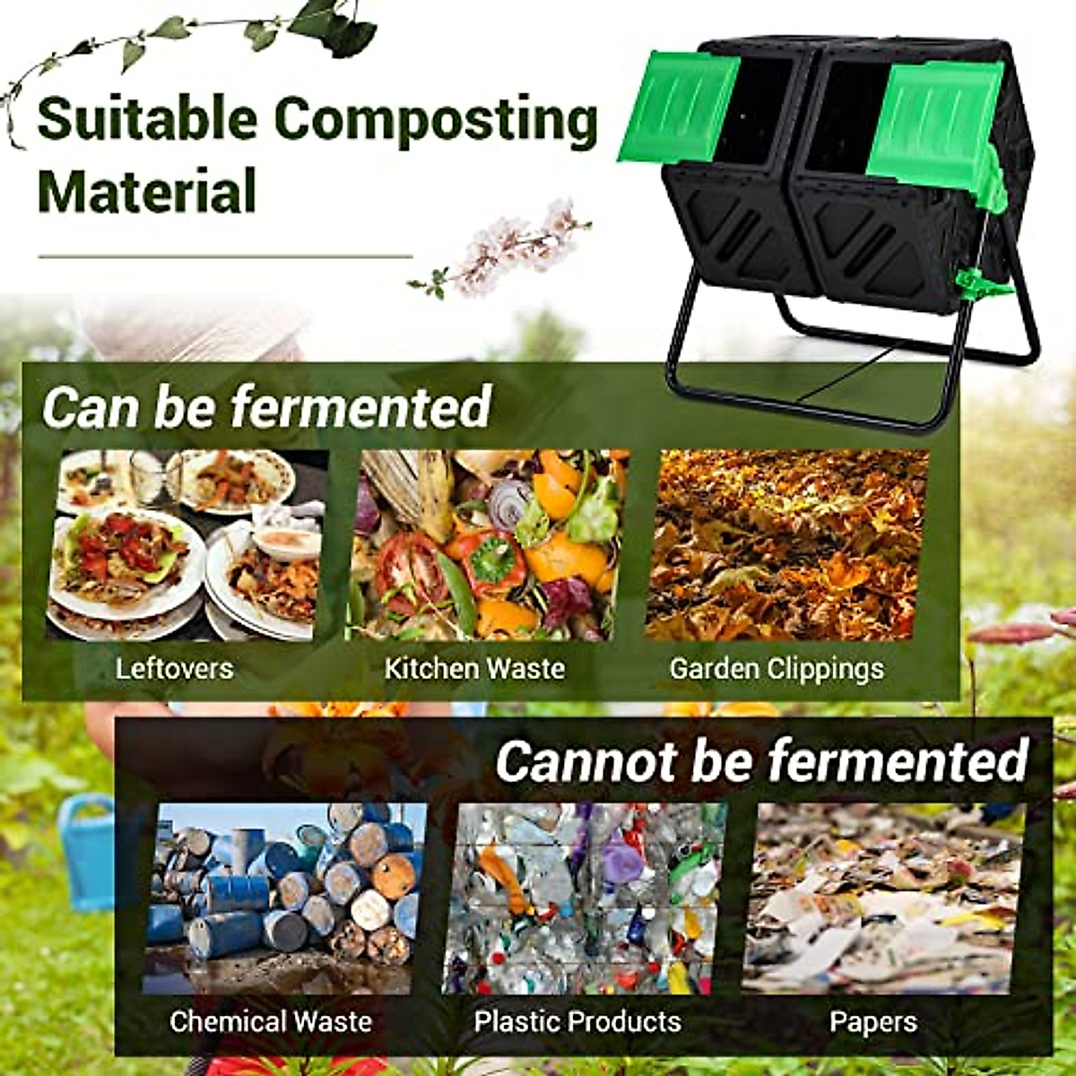 Goplus Compost Bin, Dual Chamber 34.5 Gal Compost Tumbler with 2 Rotating Chambers, Sliding Doors, High-Volume Outdoor Garden Composter, Rotating Composting Bin for Garden Yard, BPA Free
