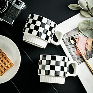 Miamolo Stackable Coffee Mug Set of 4 with Rack 11 oz Tea Cup Set with Tea Spoon Perfect for Coffee, Tea, Cocoa, Milk Chessboard Black and White Pattern Coffee Mug as Christmas Gifts