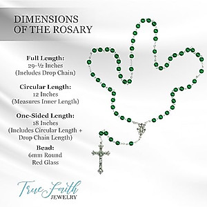 TrueFaithJewelry 6mm Round Crystal Glass Holy Rosary Prayer Beads Necklace with Jesus Crucifix Cross and Our Lady Of Grace Miraculous Virgin Mary, for Women and Men, 17.5-Inch, Green/Silver